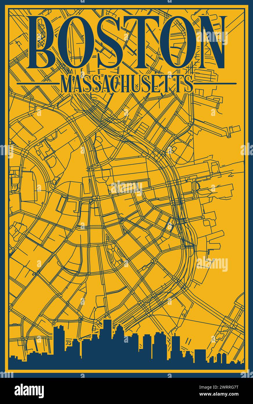 Hand-drawn city road network and skyline poster of the downtown BOSTON ...