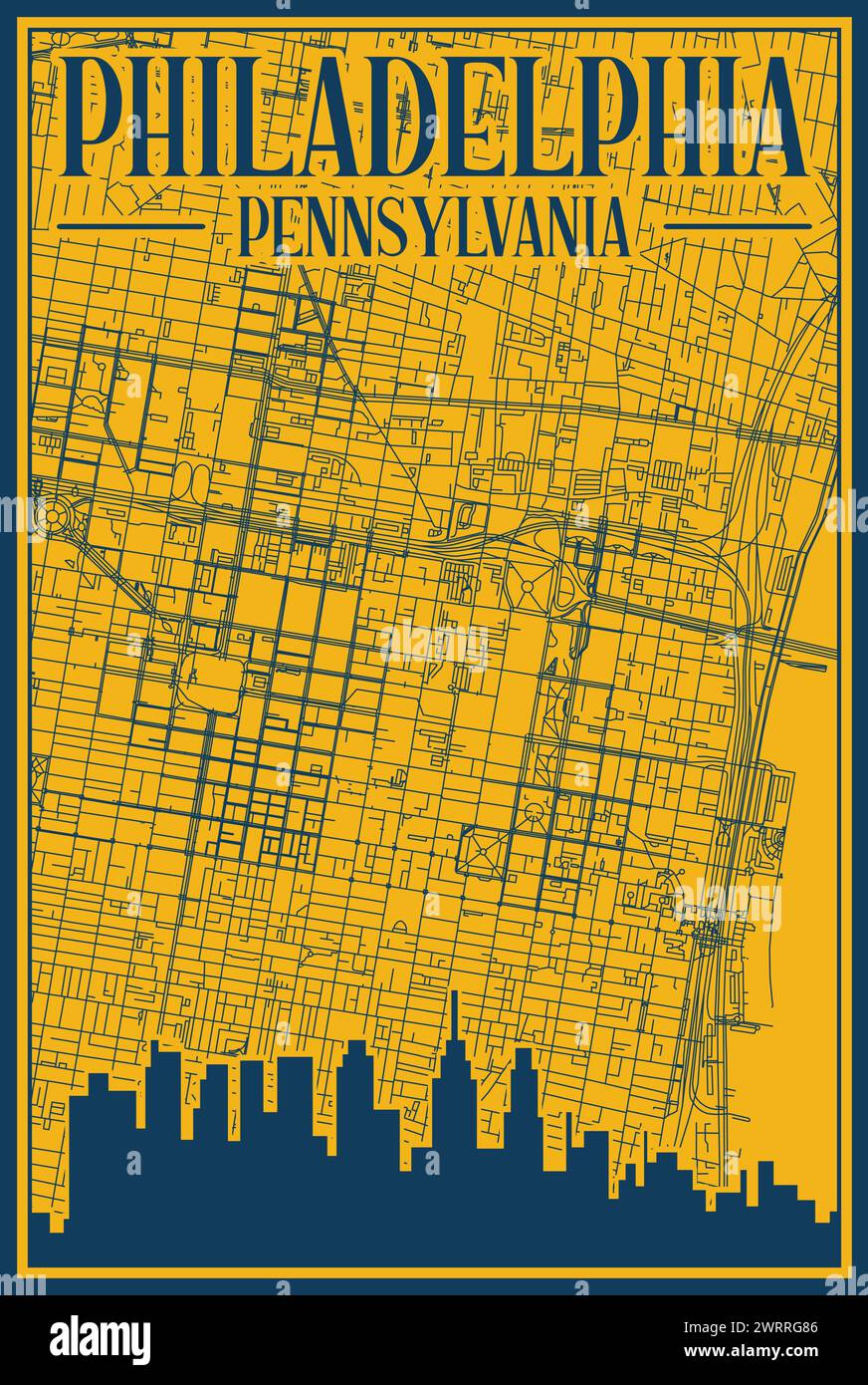Hand-drawn city road network and skyline poster of the downtown ...
