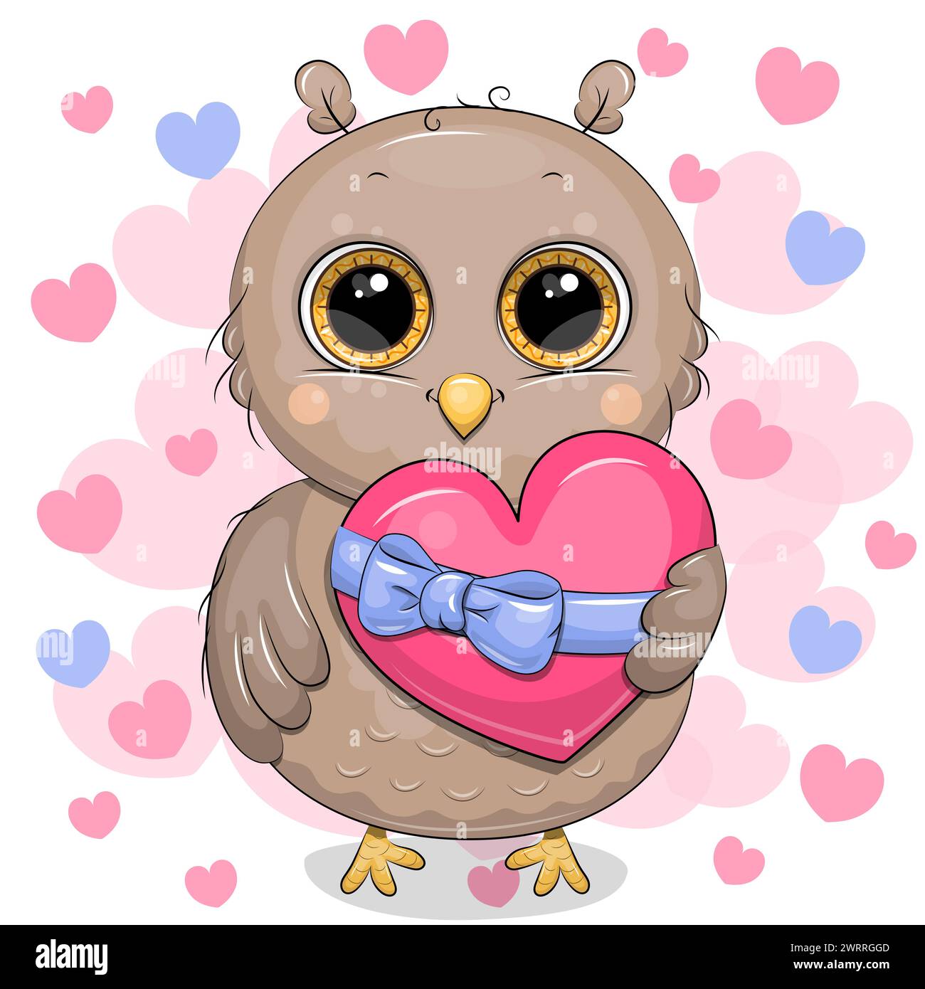 Cute cartoon owl holds a heart with blue ribbon. Vector illustration of ...