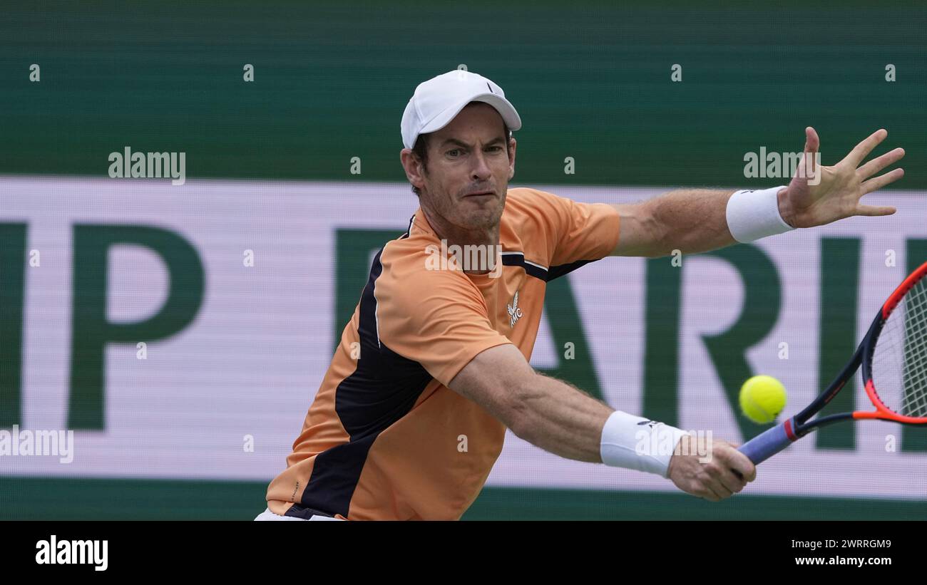Andy Murray, of Britain, hits a return to David Goffin, of Belgium ...