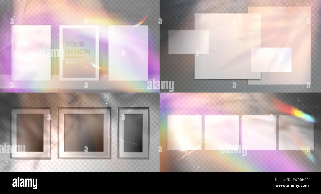 Vector realistic paper sheets with overlay rainbow flare effect. Frame ...