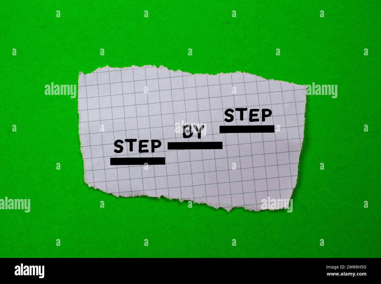 Step by step words written on torn paper piece with green background ...