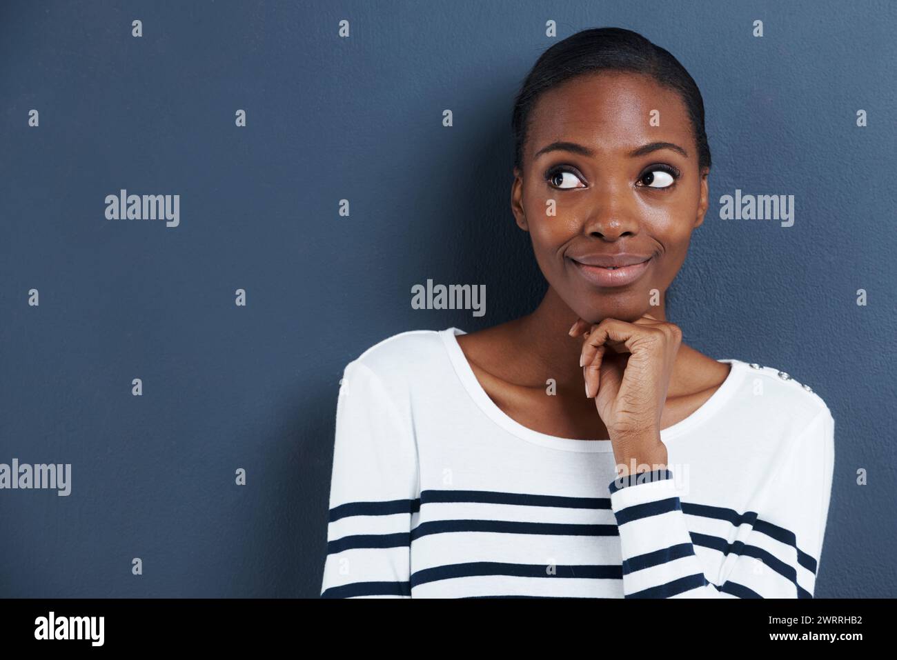 Thinking, idea and black woman with mockup in studio for planning ...