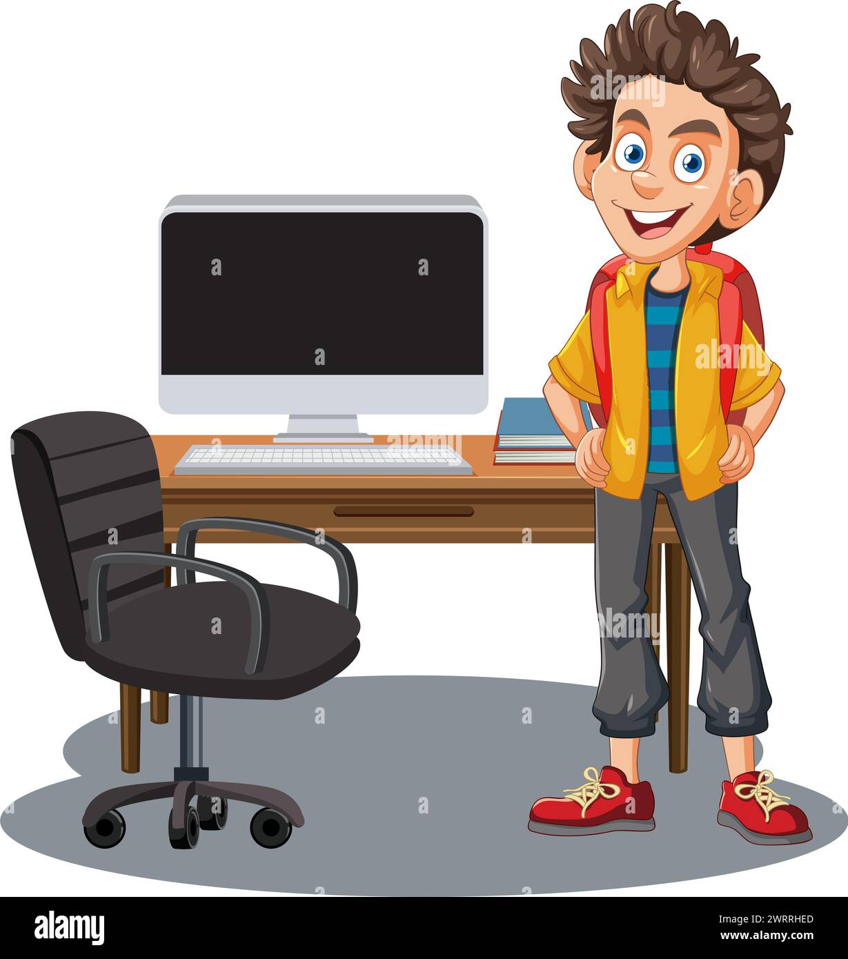 Cheerful cartoon boy standing by a computer desk Stock Vector Image ...
