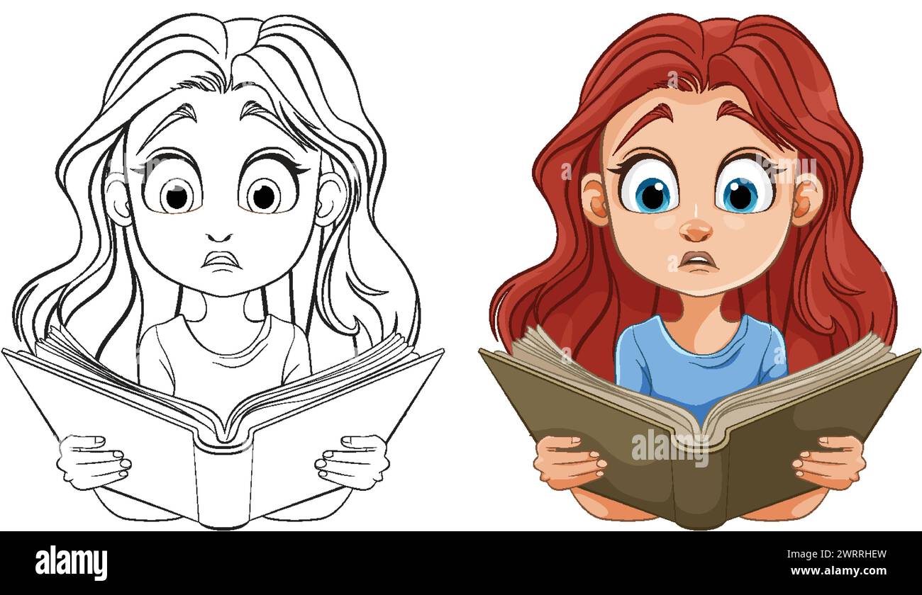 Colorful and line art illustrations of a startled girl Stock Vector ...