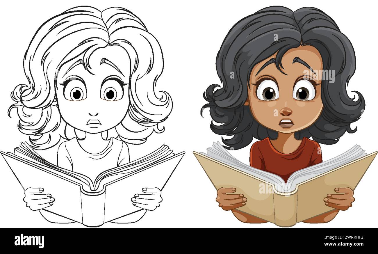 Two cartoon girls with shocked expressions reading Stock Vector Image ...