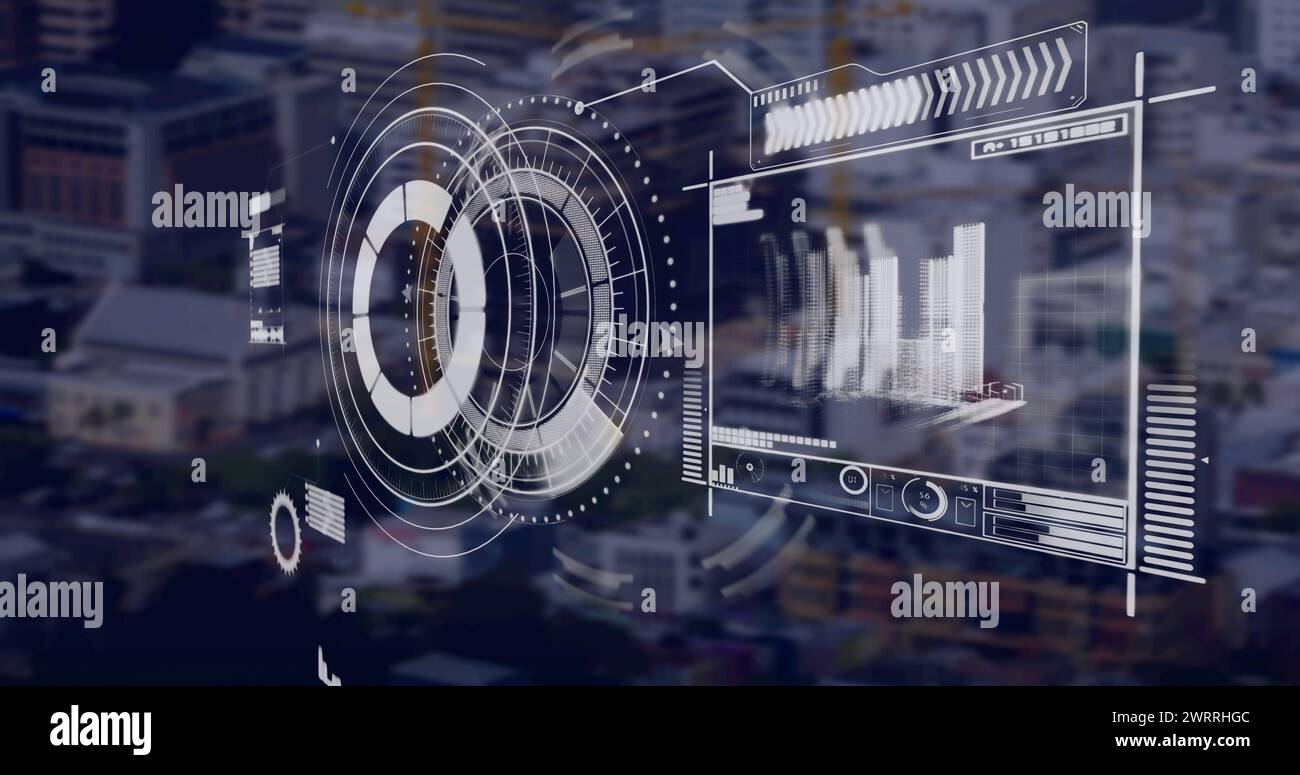 Image of data processing and scope scanning over landscape Stock Photo ...