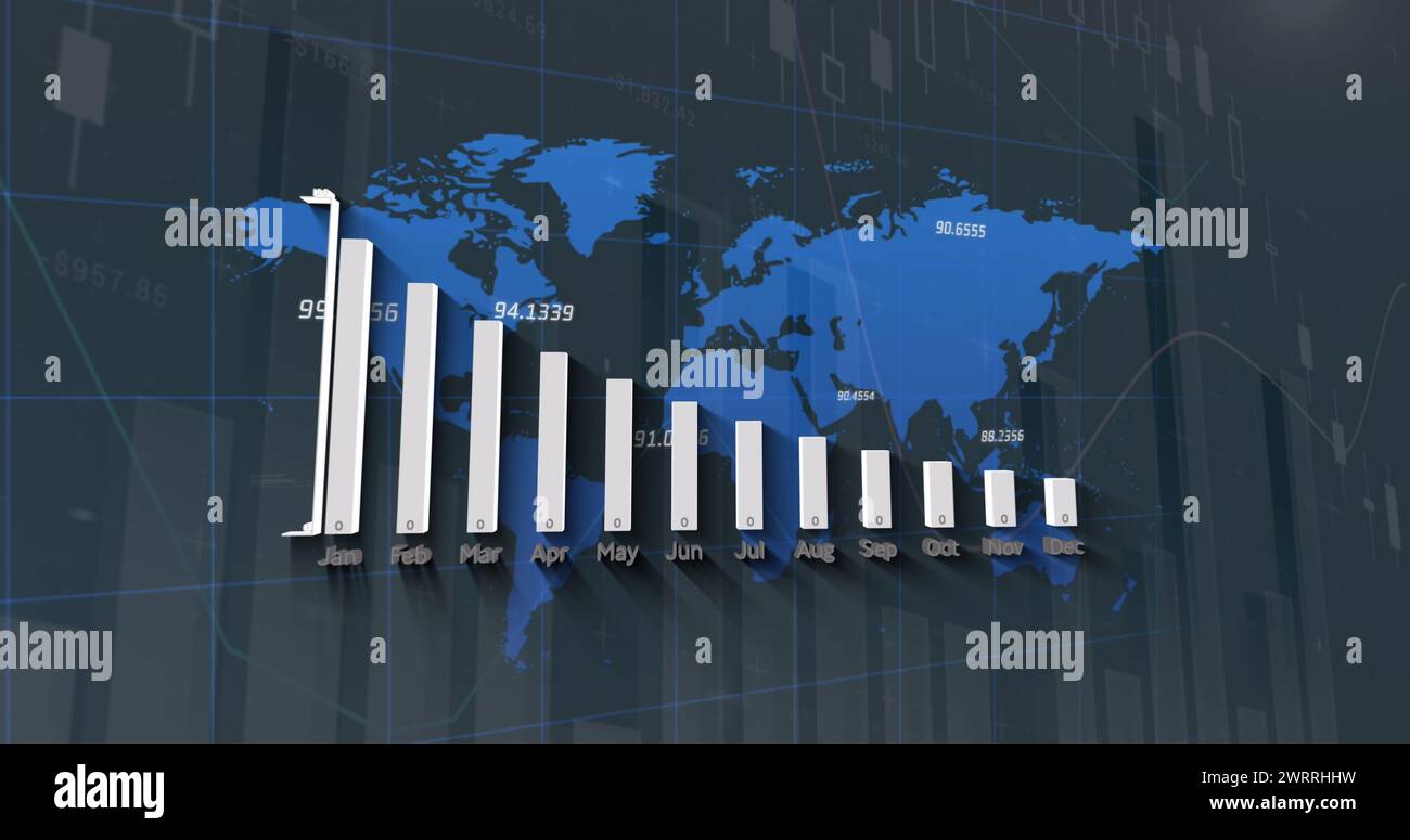 Image of graphs over world map and coordinates in navy digital space ...