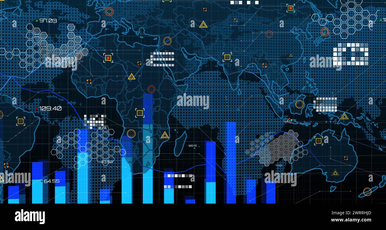 Image of graphs over world map and icons in navy digital space Stock ...