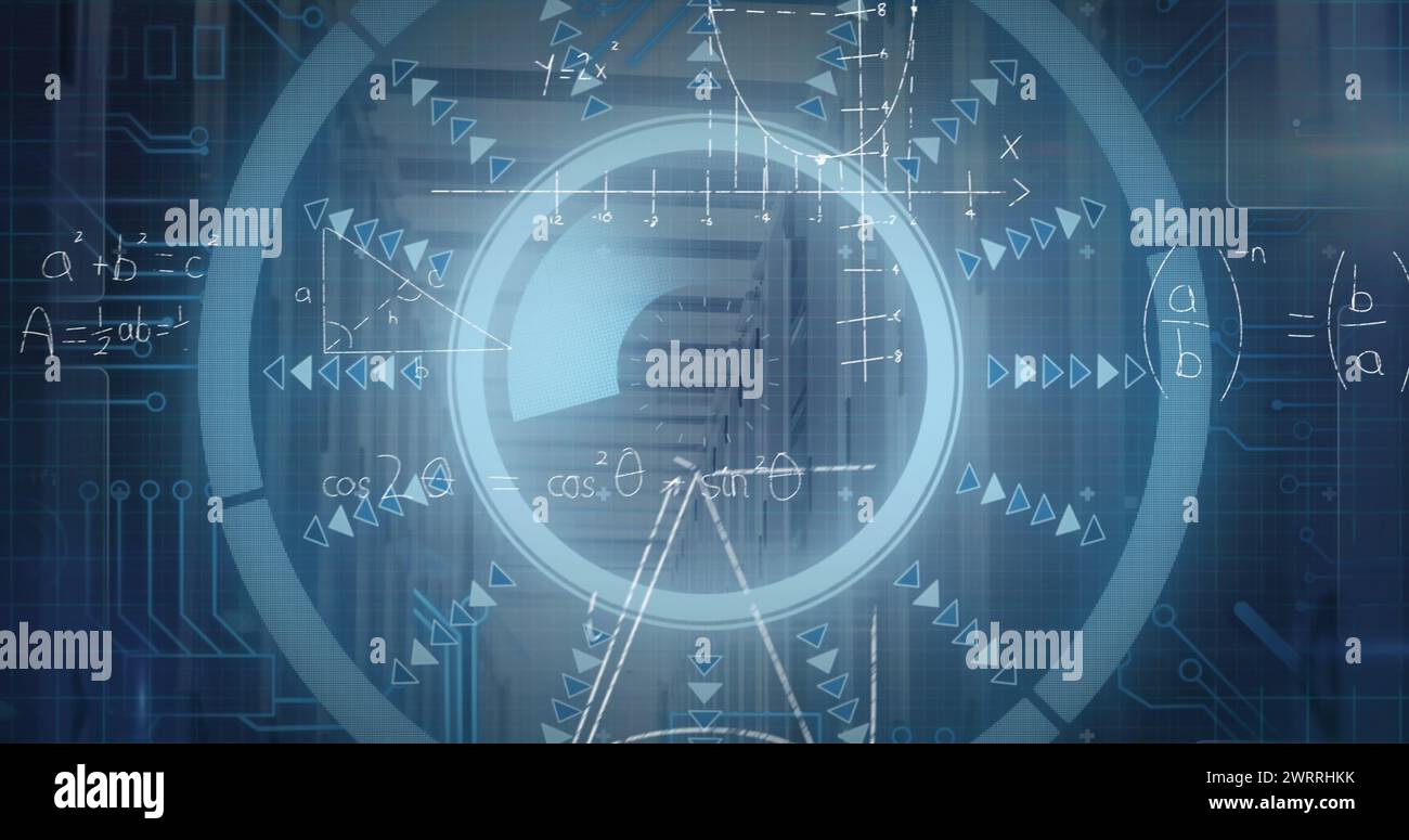 Image of scope scanning and mathematical equations over computer servers Stock Photo - Alamy