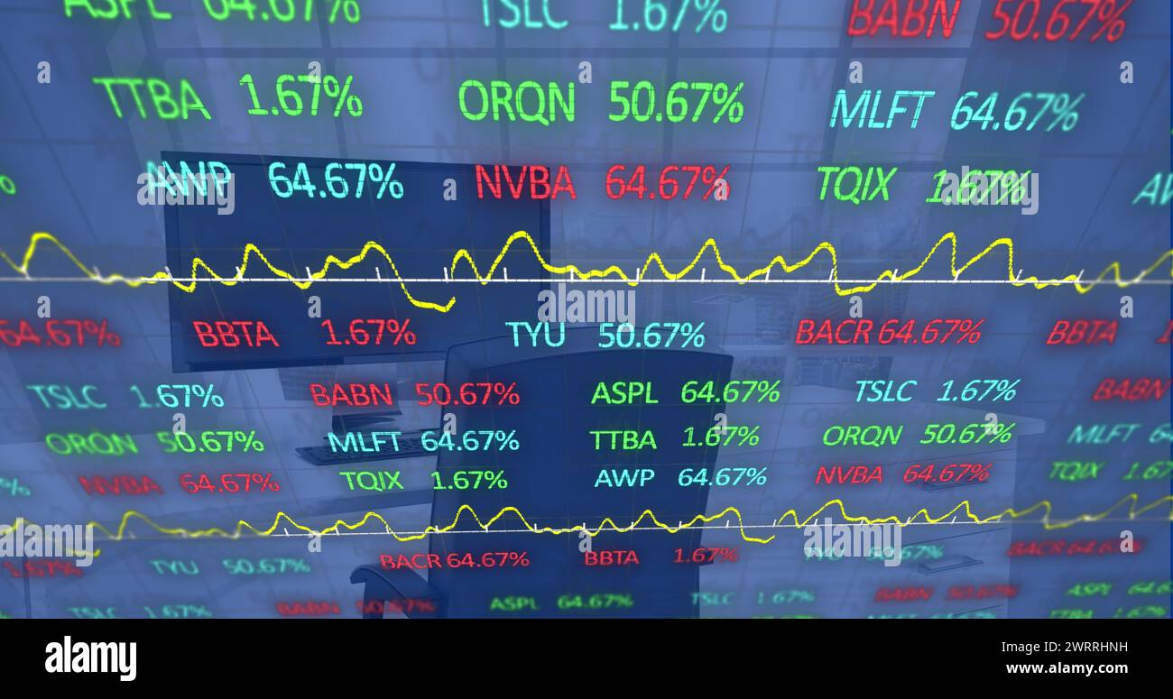 Image of stock market data processing against computer on office desk ...