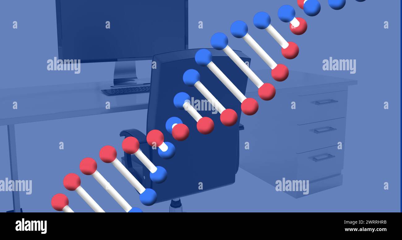Image of dna structure spinning against computer on office desk Stock ...