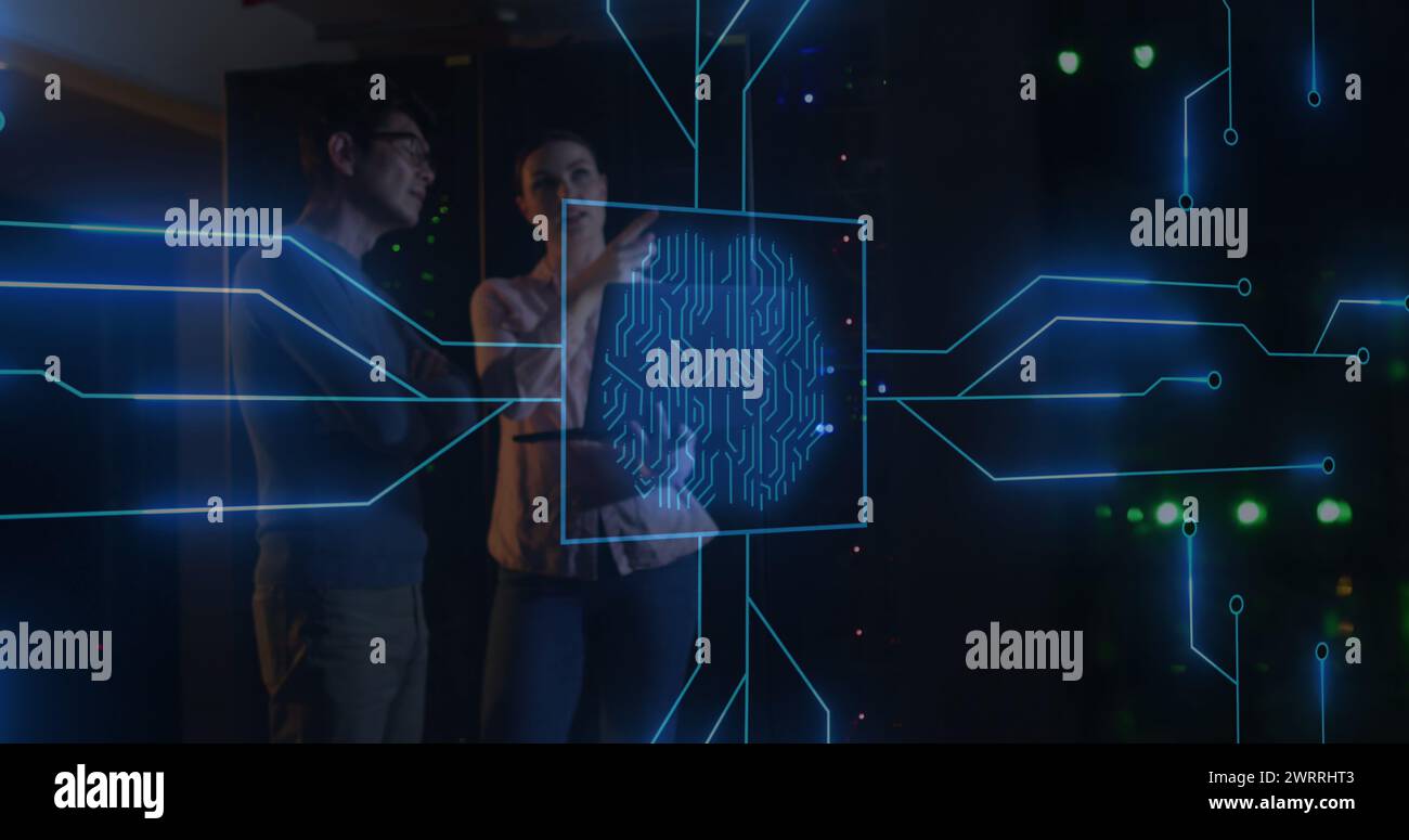 Image of computer circuit board and digital brain over diverse workers ...