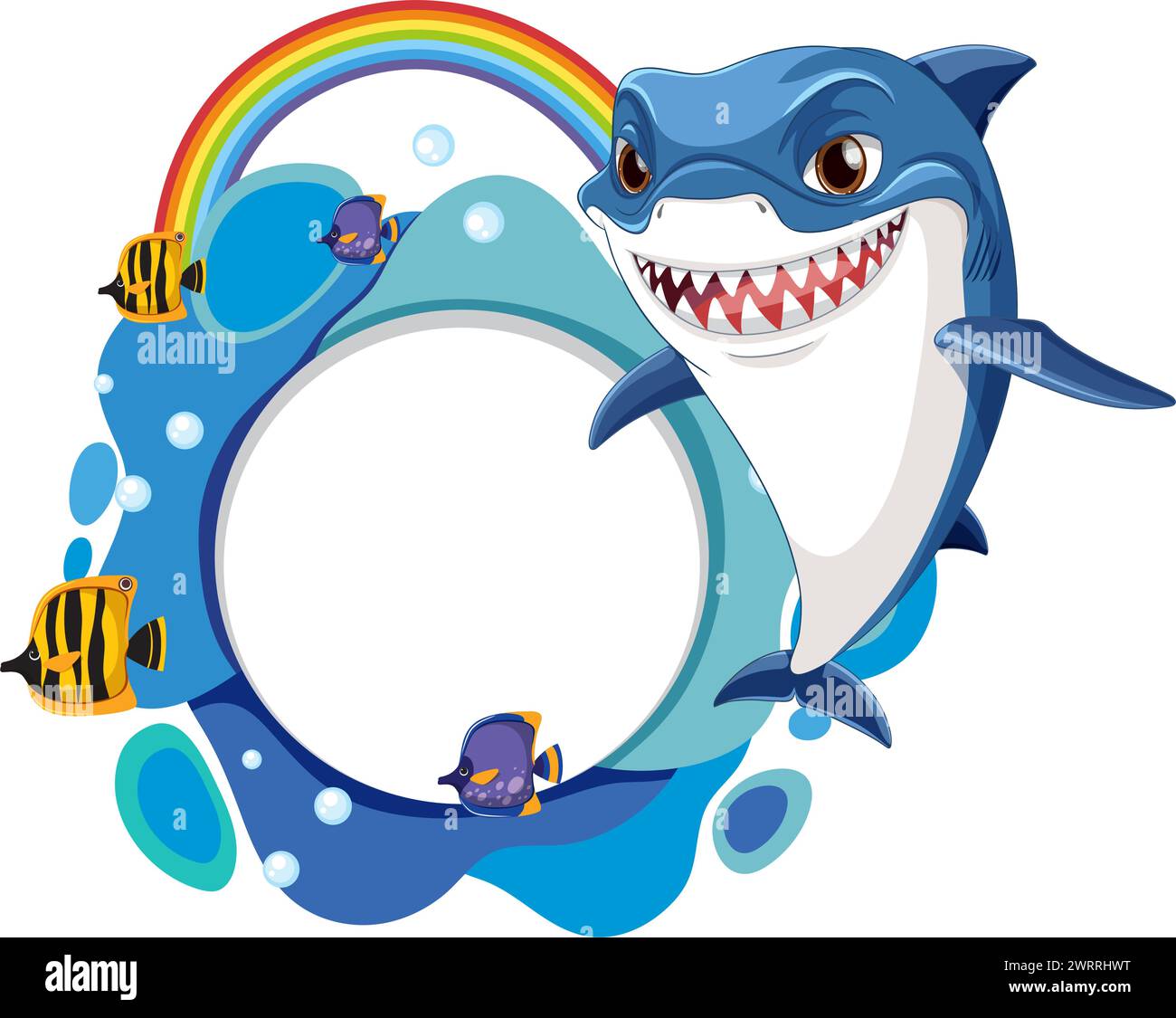 Vector illustration of a shark with tropical fish and rainbow Stock ...