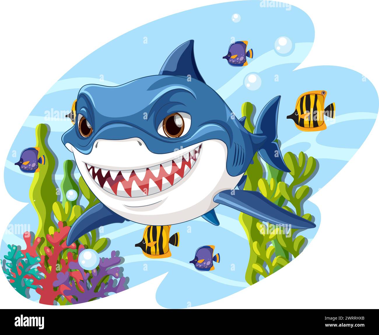 Cheerful cartoon shark swimming with tropical fish Stock Vector Image ...
