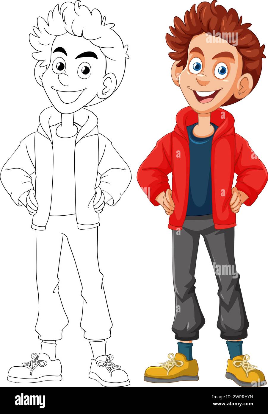 Colorful vector of a smiling boy, before and after coloring Stock ...
