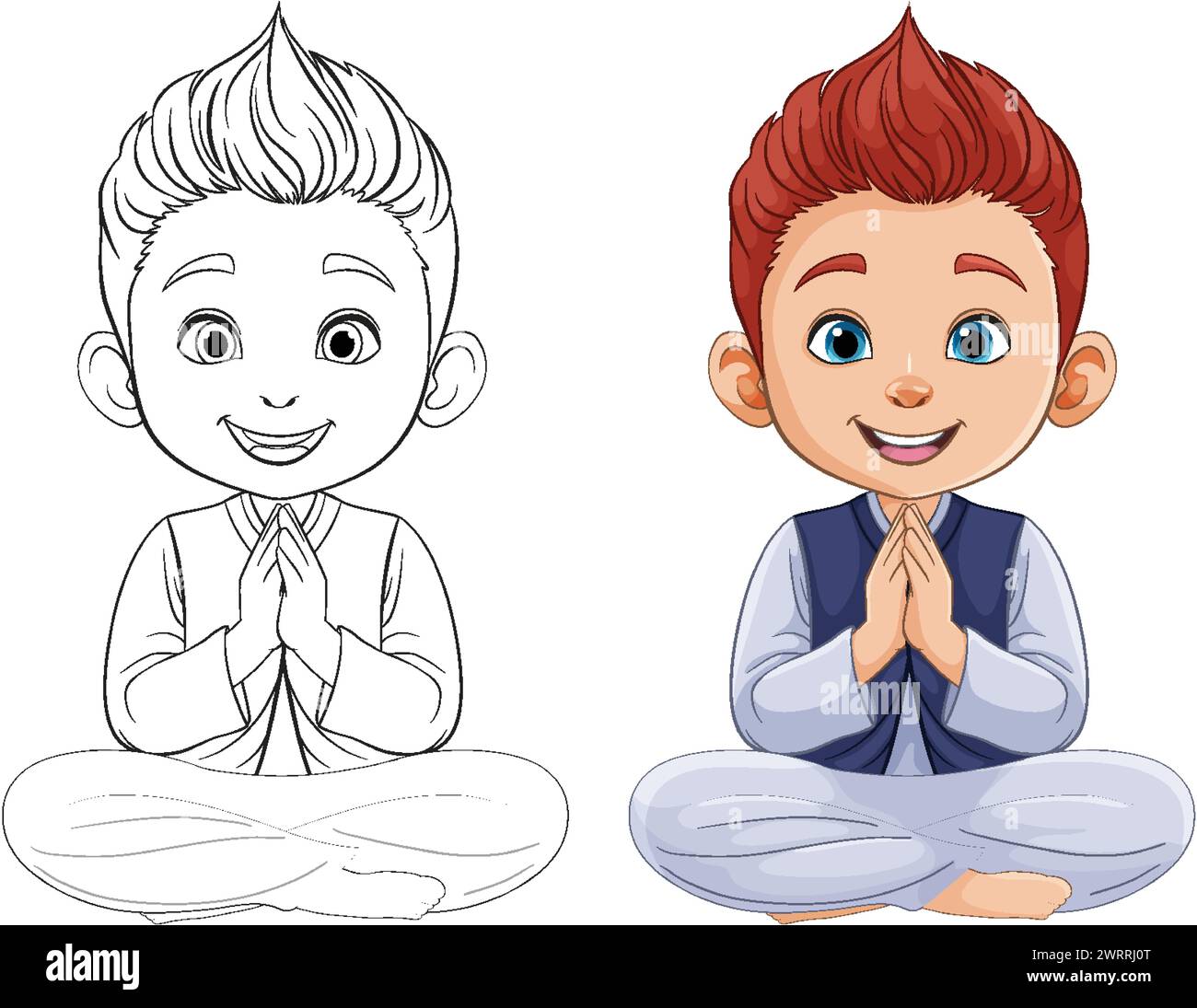 Colorful and line art illustrations of a meditating boy Stock Vector ...