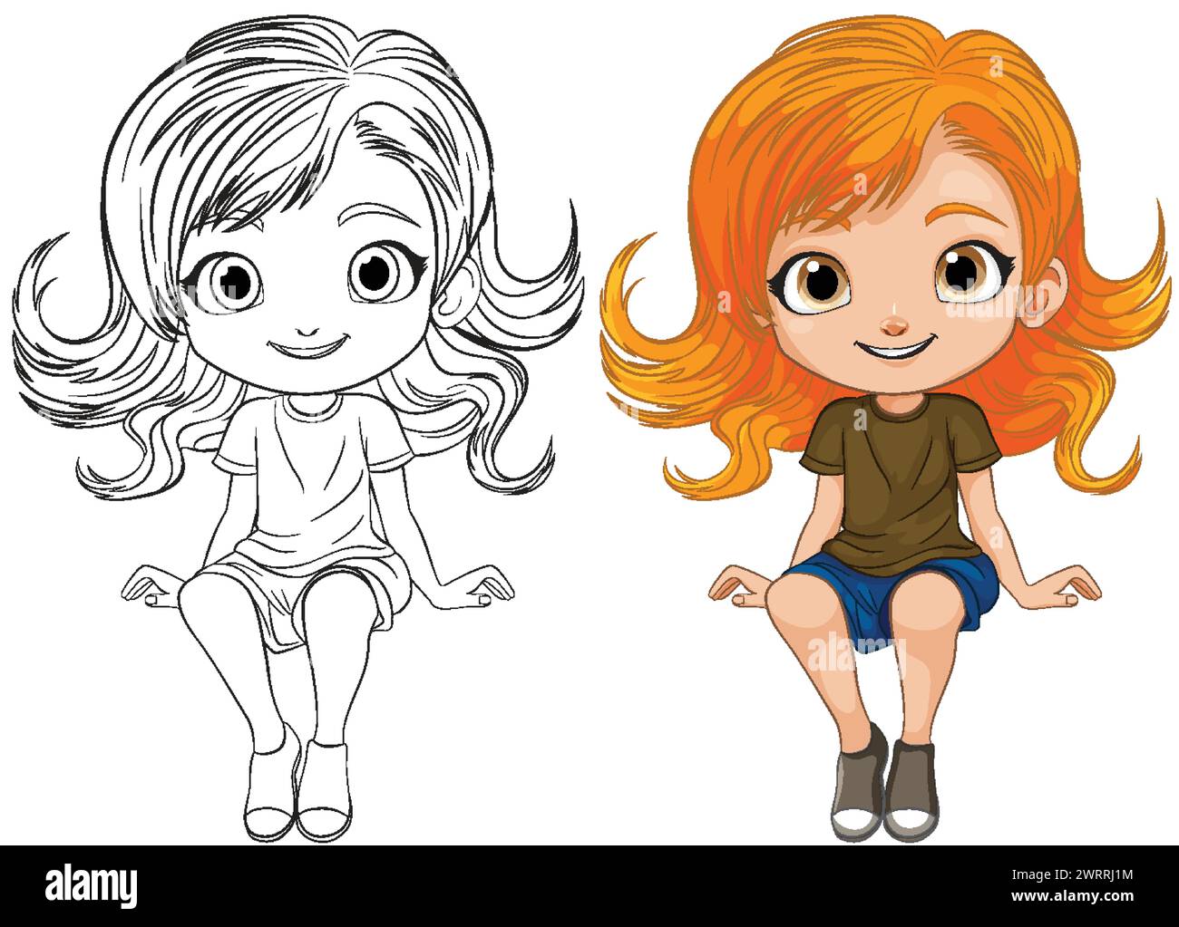 Vector illustration of a girl, before and after coloring Stock Vector ...