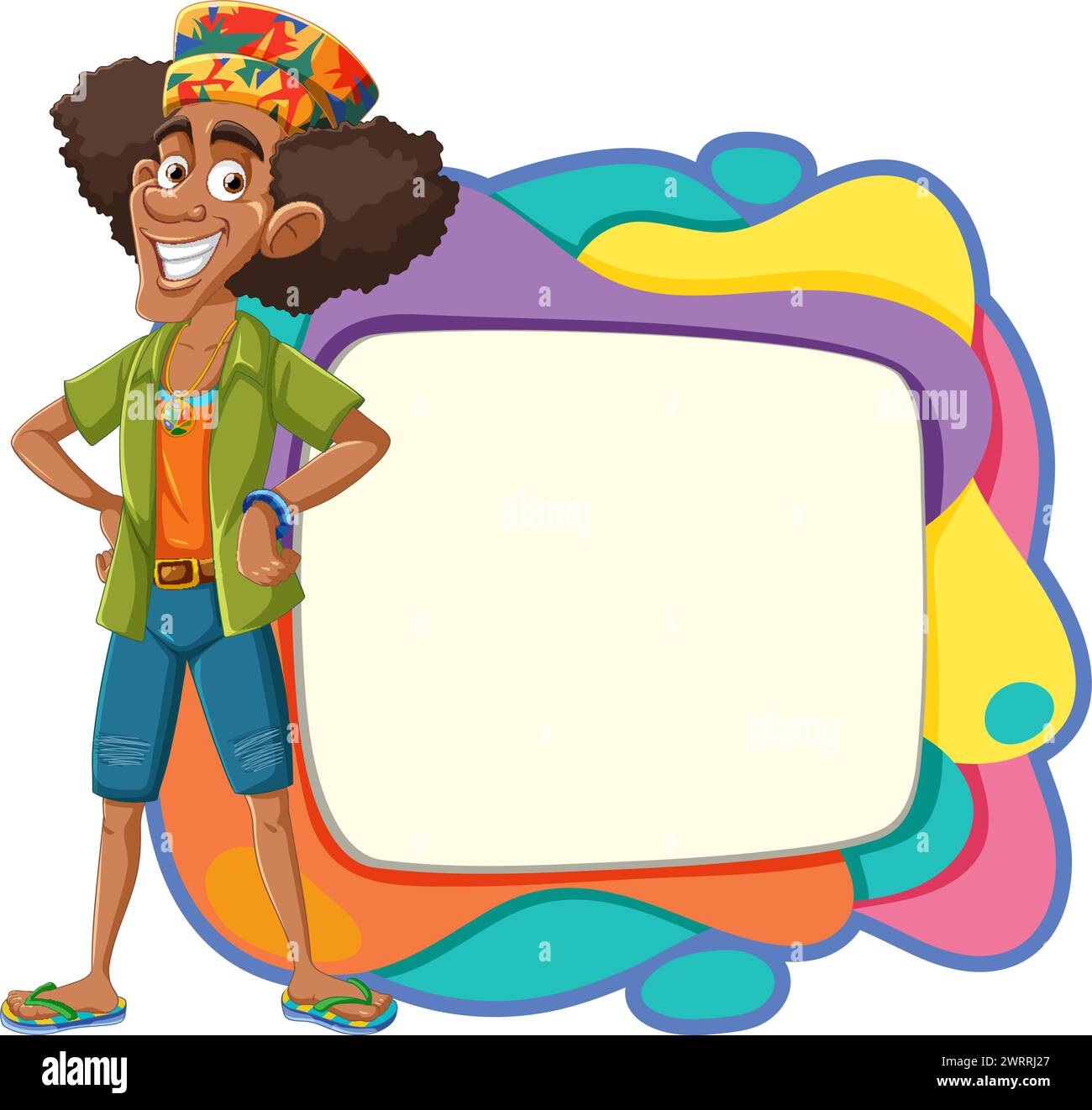 Happy animated character standing beside a colorful frame Stock Vector ...
