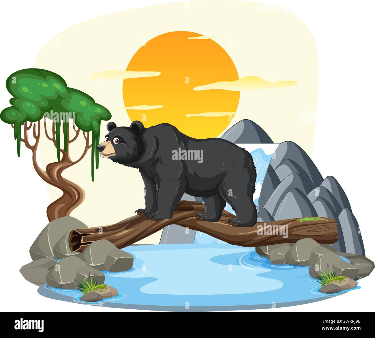 Illustration of a bear walking over a log bridge Stock Vector Image ...