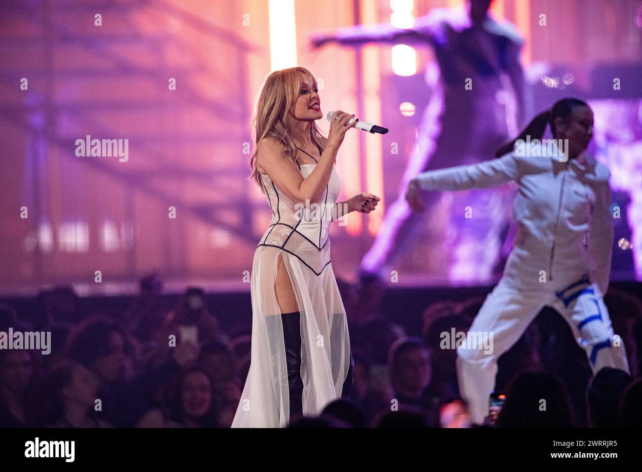 Kylie Minogue performing live at the 2024 BRIT awards ceremony, O2 ...