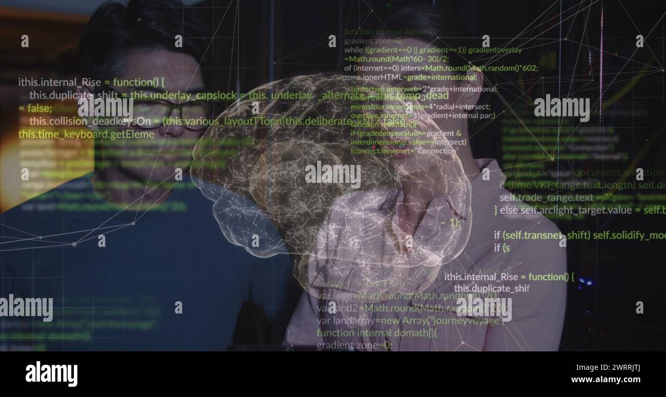 Image of data processing and digital brain over diverse workers in ...
