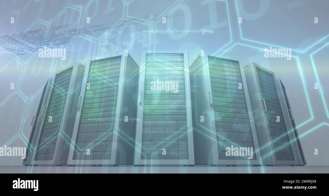 Image of hexagonal shapes and data processing against computer servers ...