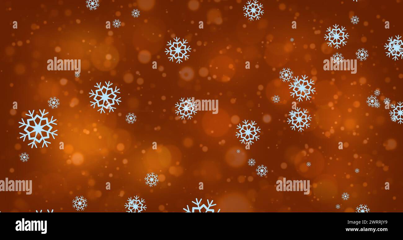 Image of digital snowflakes diagonally falling over brown bokeh ...