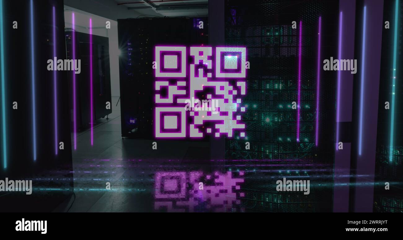 Image of pink qr code and neon lights over computer server room Stock ...