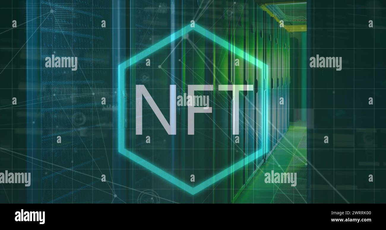 Image of nft text over neon hexagonal banner and network of connections against server room ...