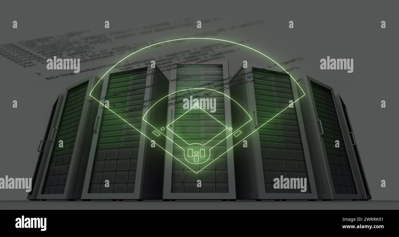 Image of neon abstract shape and data processing against computer ...