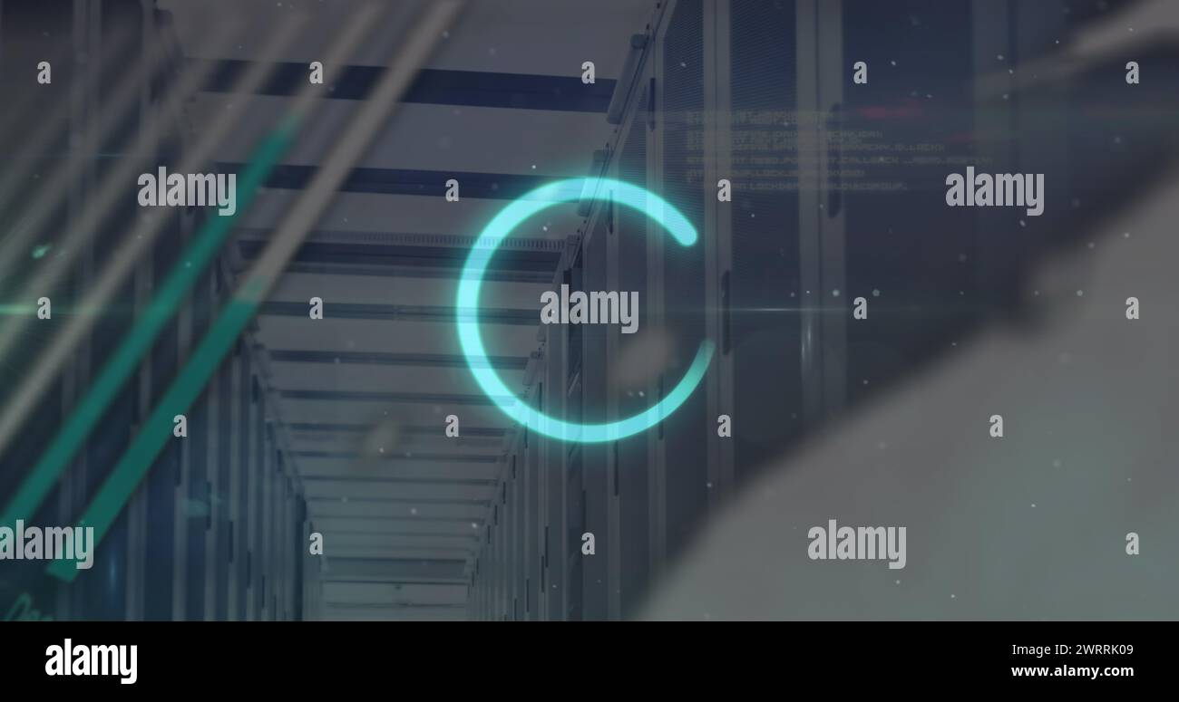 Image of blue data loading ring with globe, charts and graphs over computer server room. Global ...