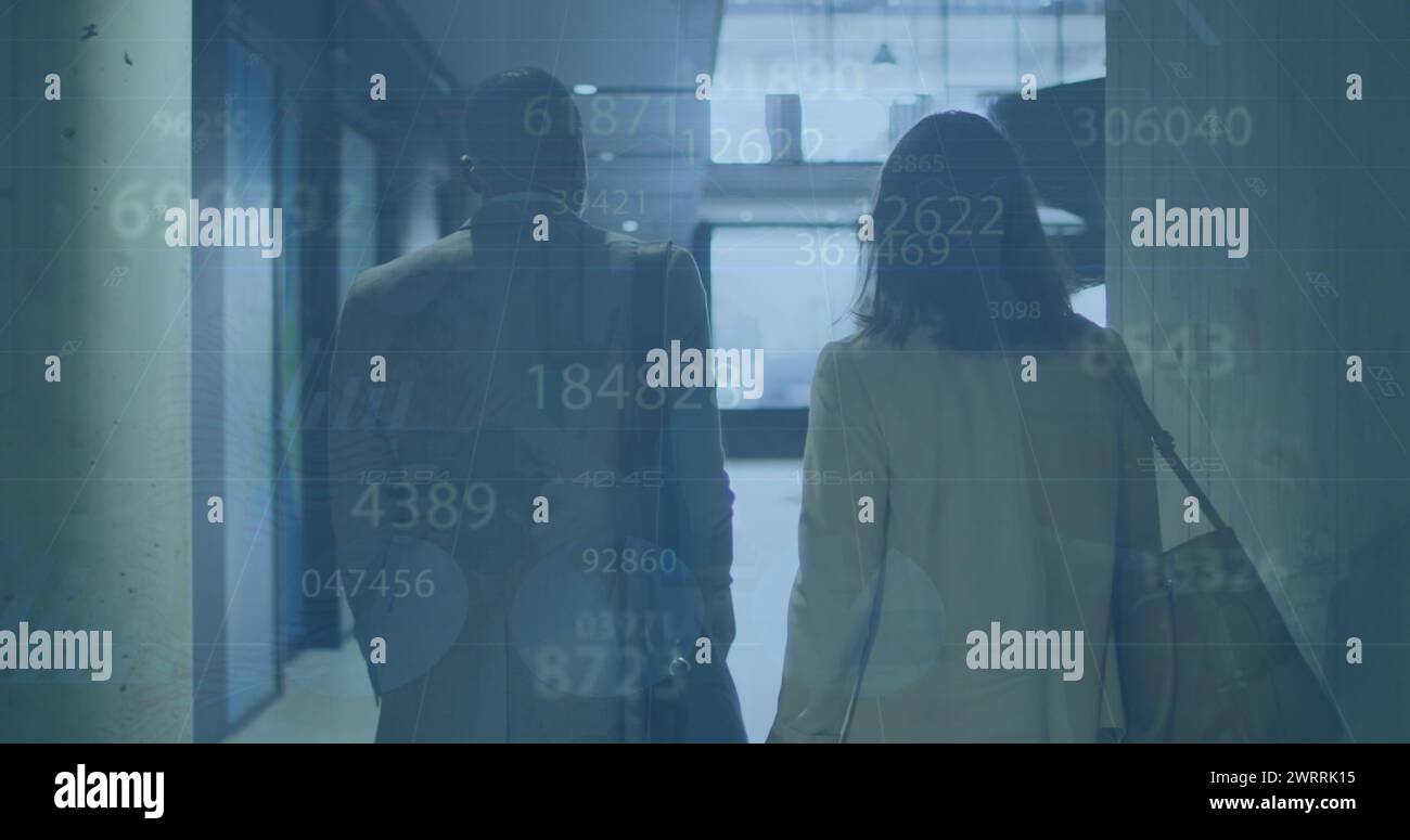 Image of multiple numbers, loading circle, rear view of diverse ...