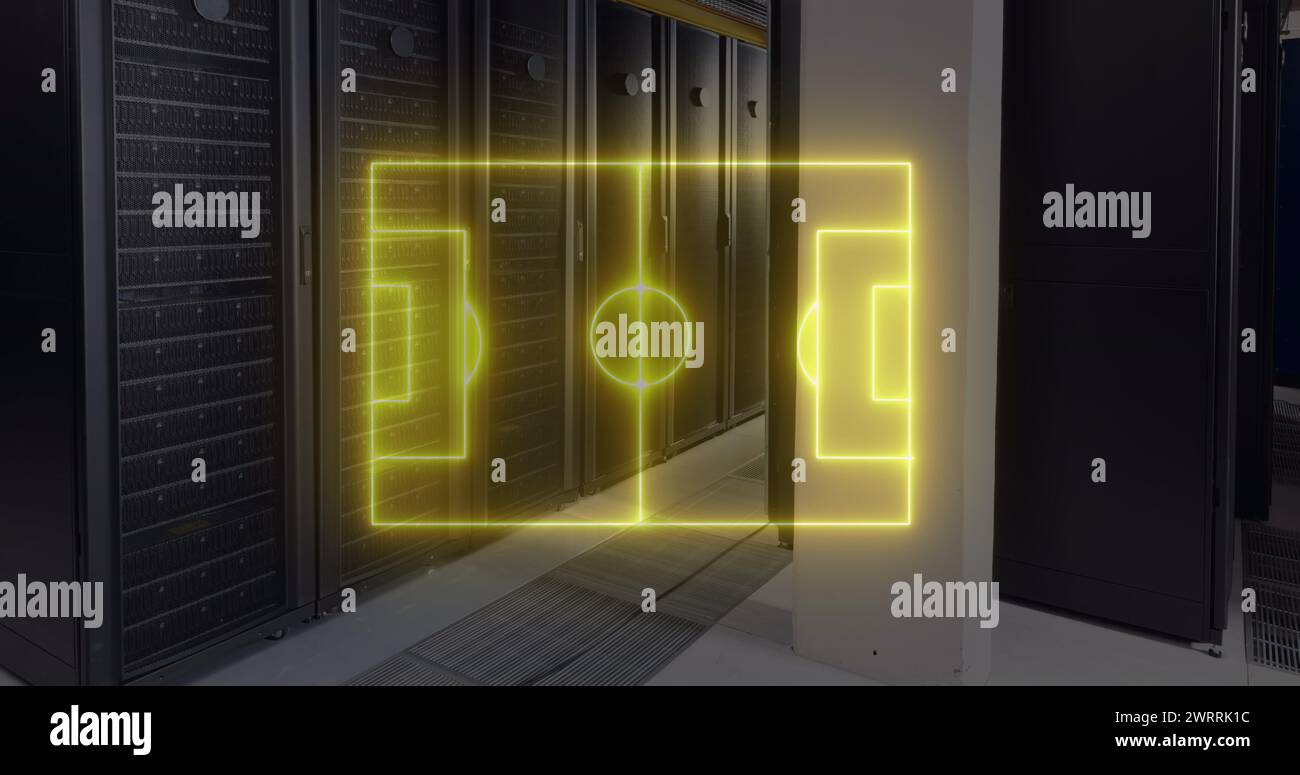 Image of yellow neon football pitch markings over computer server room ...