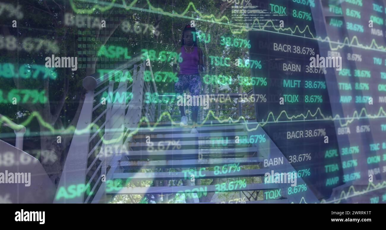 Image of financial data and graphs over african american woman running ...