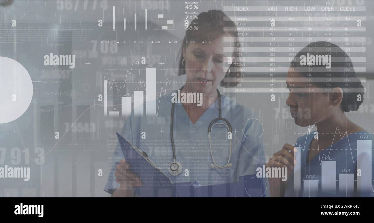 Image of data processing and rain over diverse doctors talking Stock ...