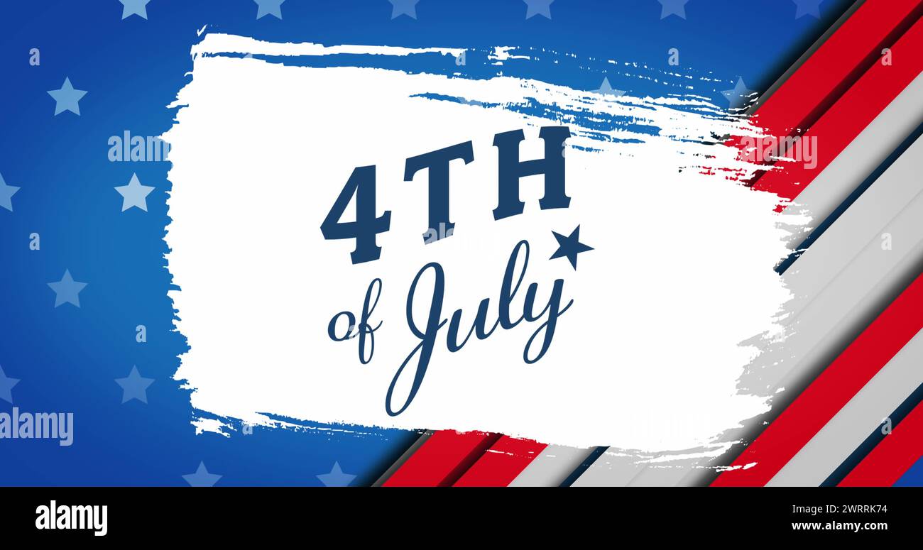 Image of 4th of july text over stars and stripes on blue background ...