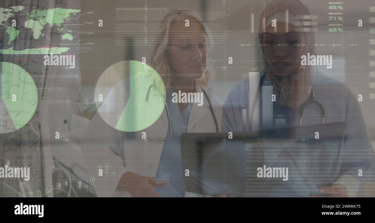 Image of infographic interface over diverse female doctors discussing ...