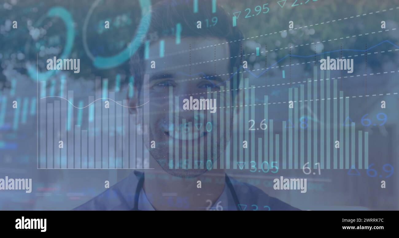 Image of data processing over caucasian male doctor smiling Stock Photo ...