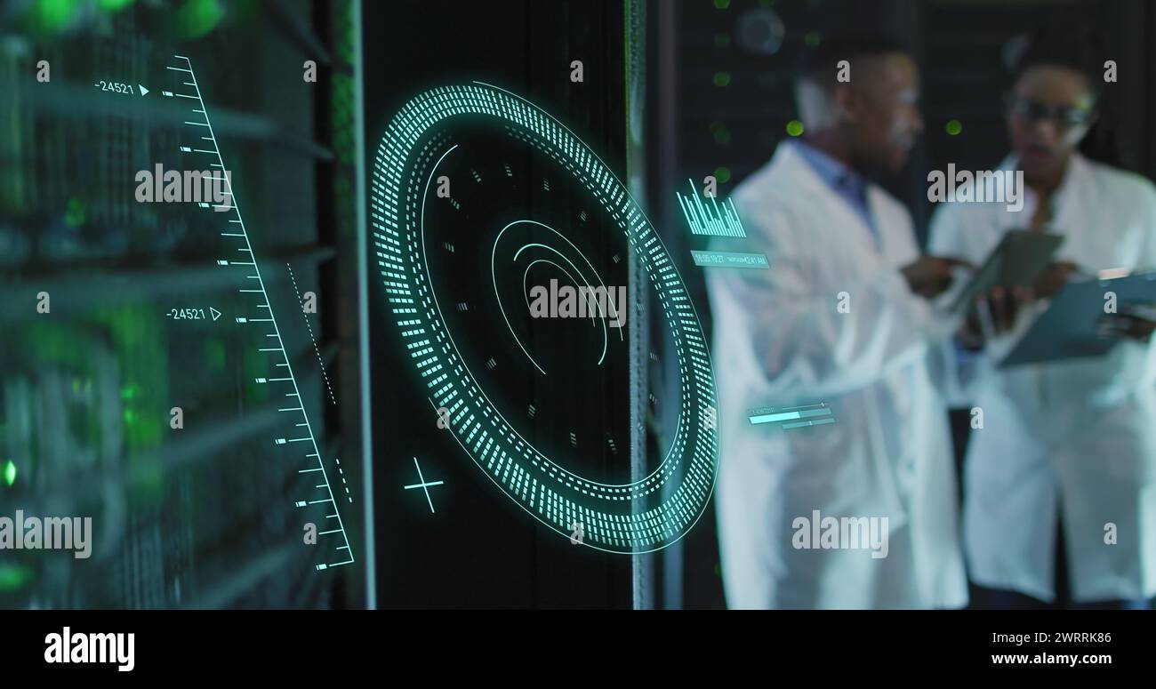 Image of scope scanning over african american workers using tablet in ...