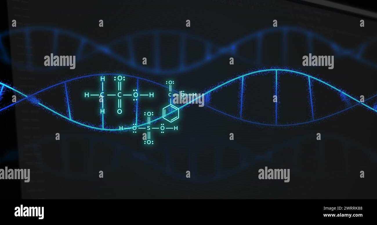 Image of chemical equations over dna strands on black background Stock ...