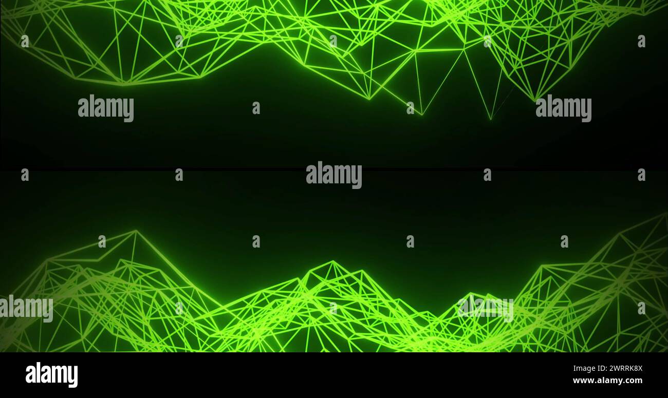 Image of green light trails and network of connections on black ...