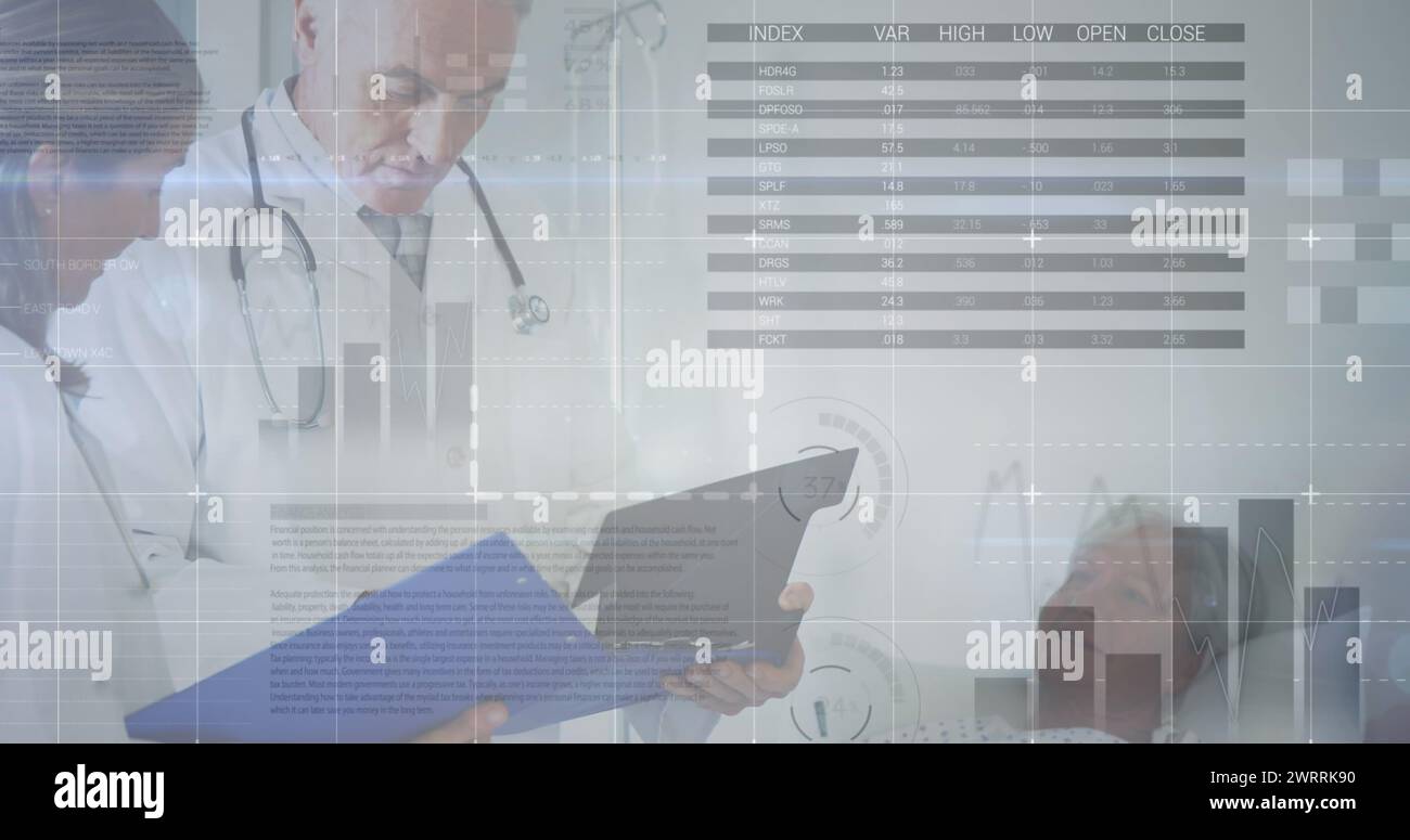 Image of infographic interface, diverse doctors examining female ...