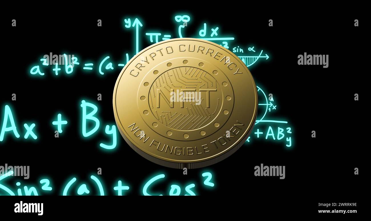 Image of mathematical equations over nft coin on black background Stock ...