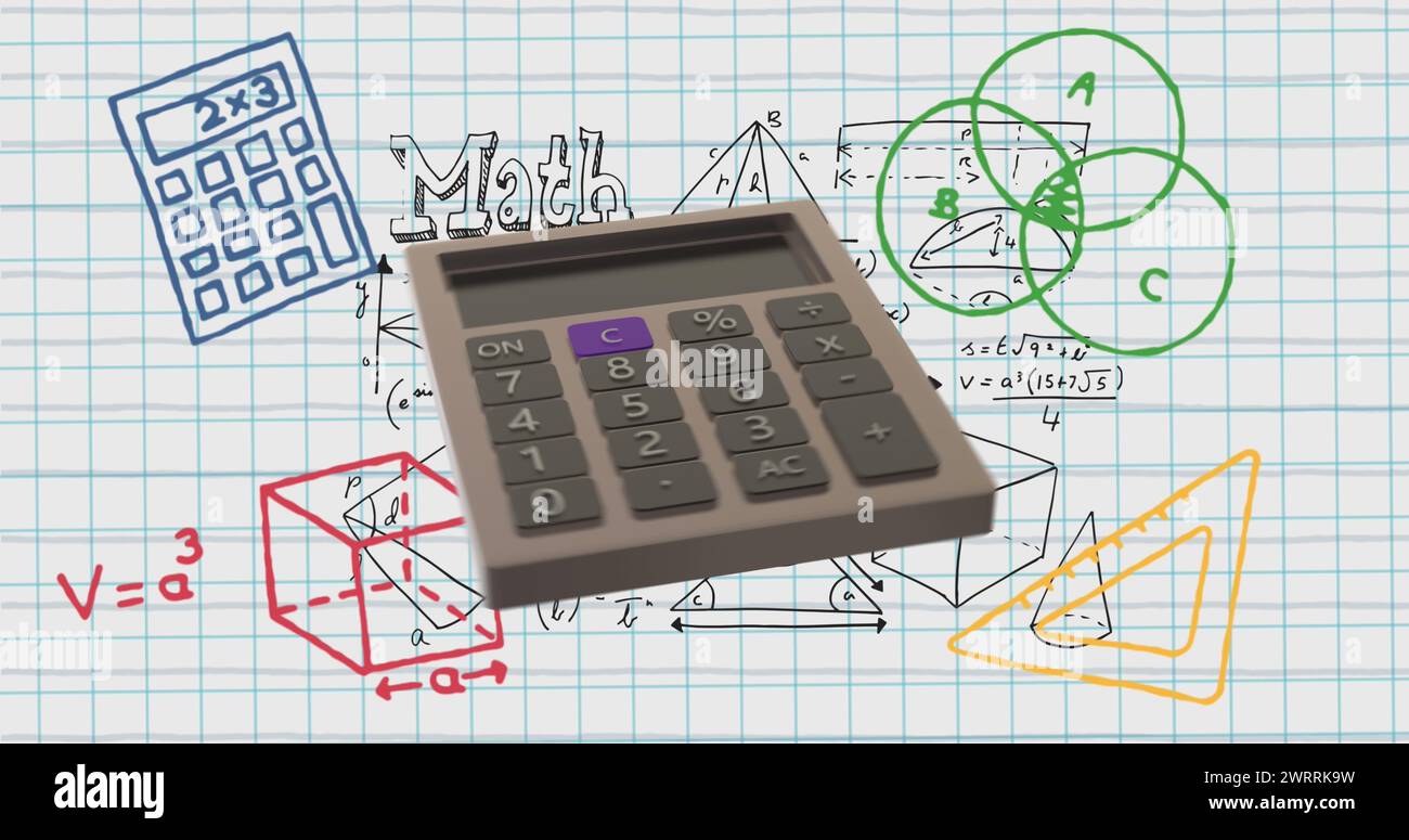 Image of calculator moving and math drawings on white background Stock ...