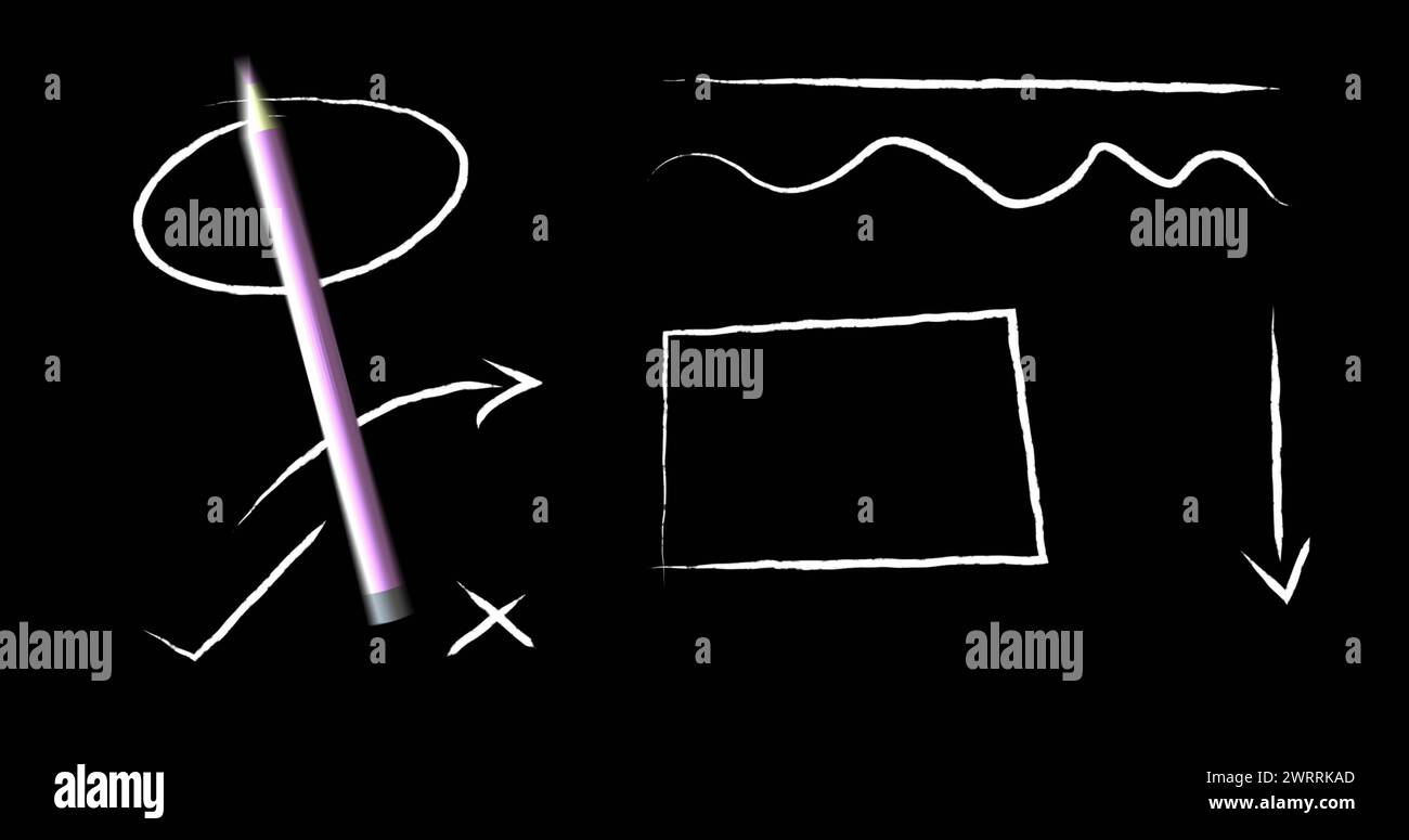 Image of pencil moving and drawings on black background Stock Photo - Alamy