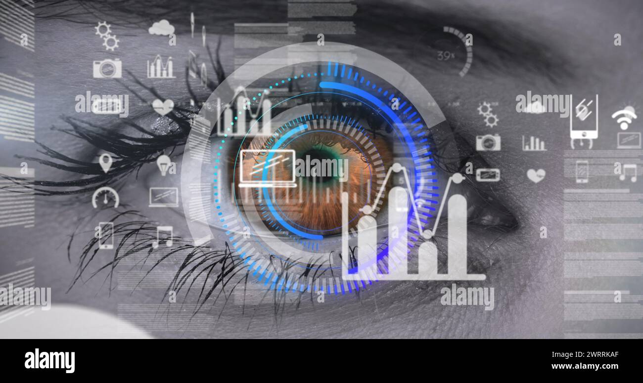 Image of digital icons and scope scanning over eye blinking Stock Photo ...