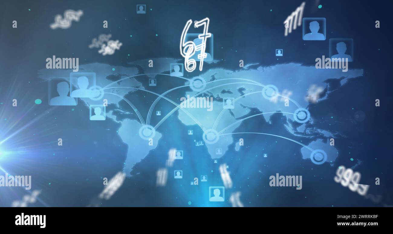Multiple numbers and symbol floating over profile icons and world map on blue background Stock ...