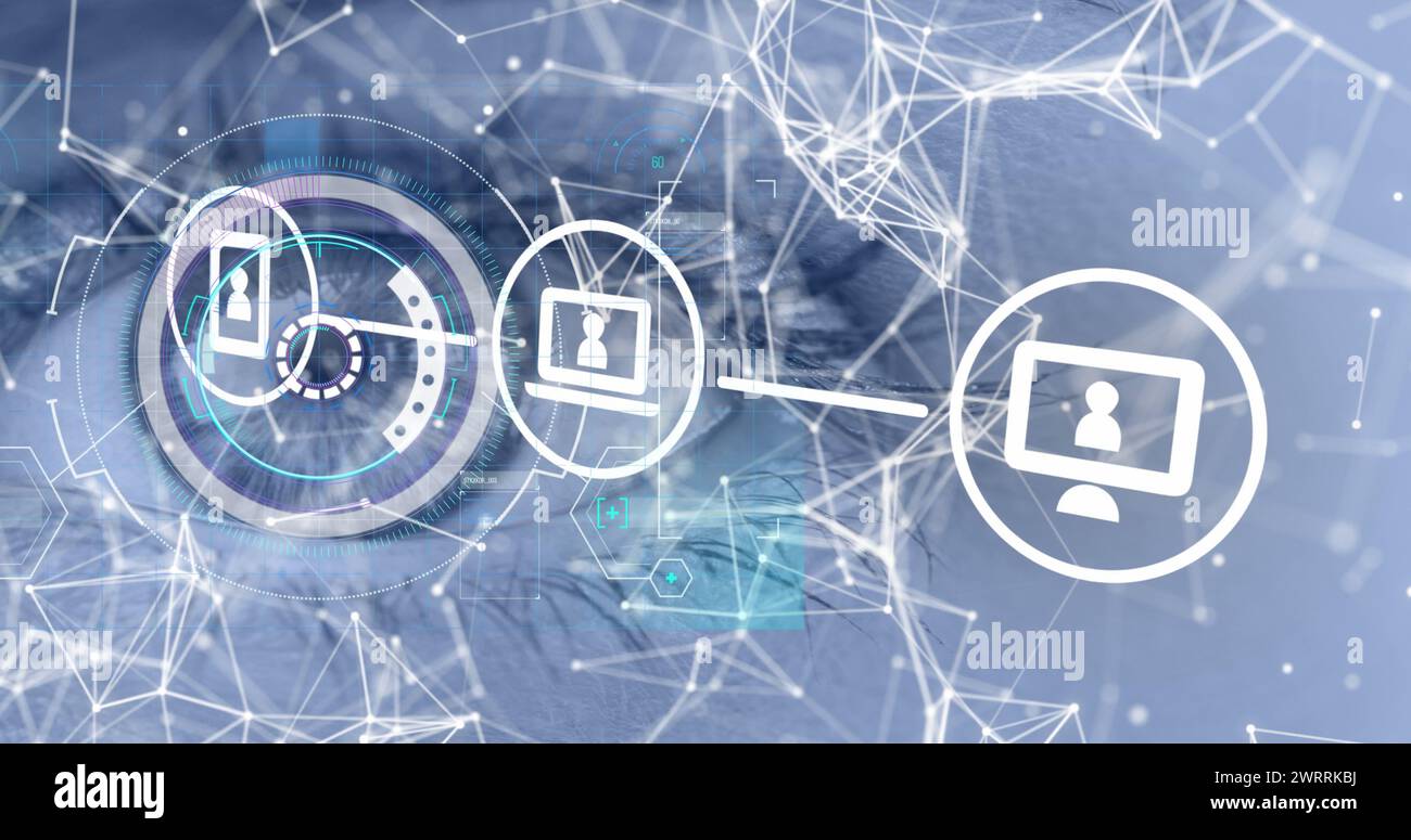 Digital icons over network of connections against round scanner over ...