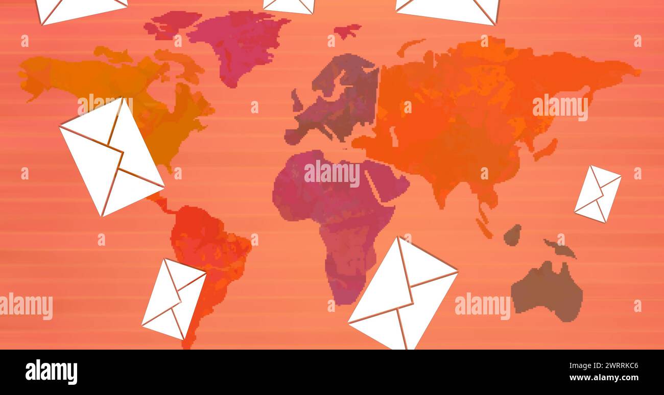 Image of mail envelope icons flying over world map Stock Photo - Alamy